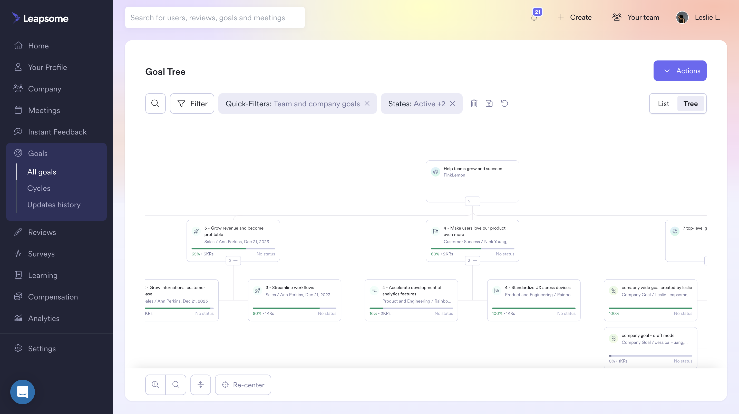 Working with the goal tree – Leapsome